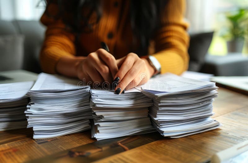 A Woman is Writing on a Stack of Papers. the Stack is Piled High on a ...