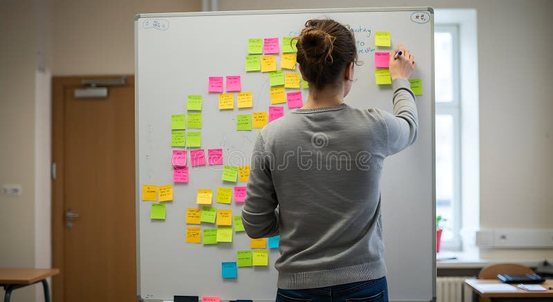 Woman Writing on Whiteboard with Sticky Notes Idea Generation Stock ...