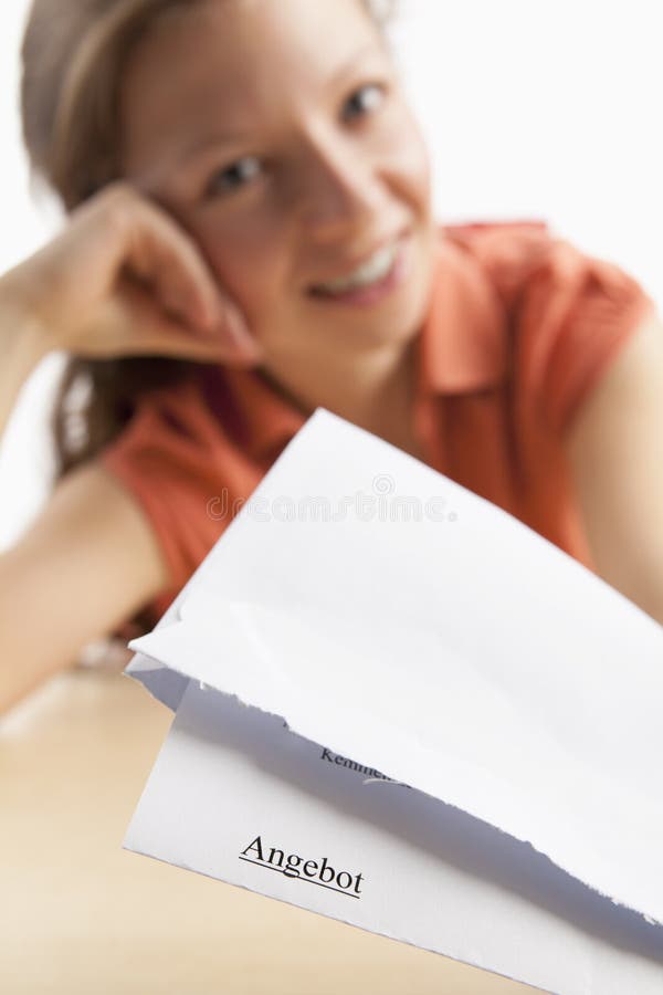 Woman with a Written Offer in German Language Stock Image - Image of ...