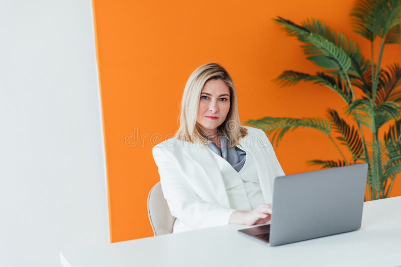 Business Woman 45 Years Old with Laptop Study in Office Stock Photo ...