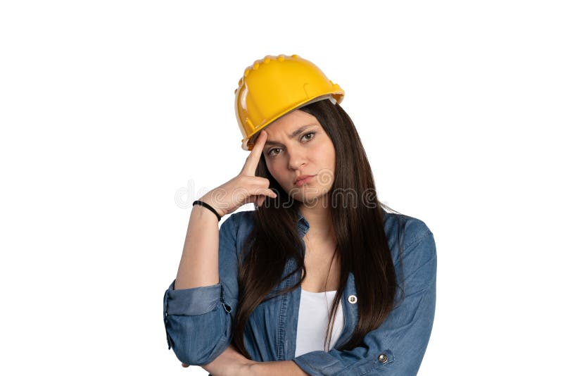Construction Worker Woman with Yellow Hard Hat, Thinking and Rubbing ...