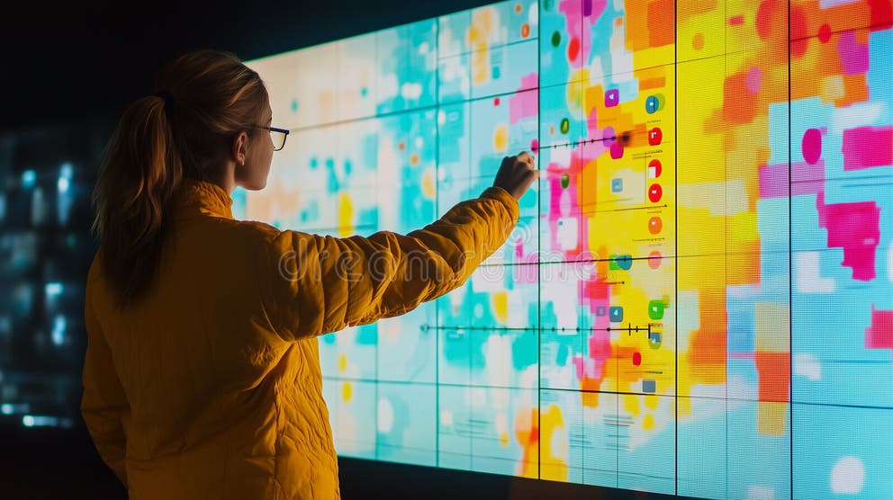 A Woman in a Yellow Jacket Interacts with a Large Digital Touchscreen ...