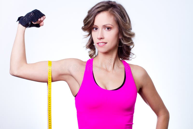 Woman with Yellow Measure Tape on Her Arm Stock Image - Image of curly ...