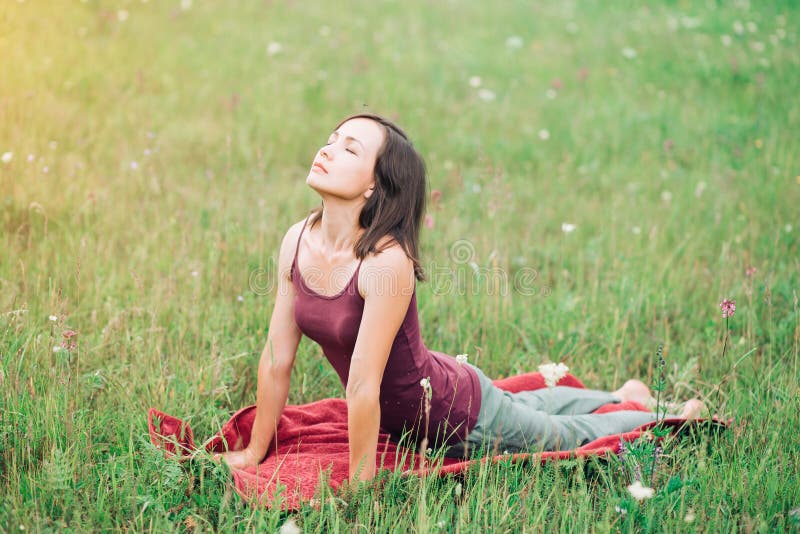 Woman Yoga relax in nature stock photo. Image of beauty - 120781718