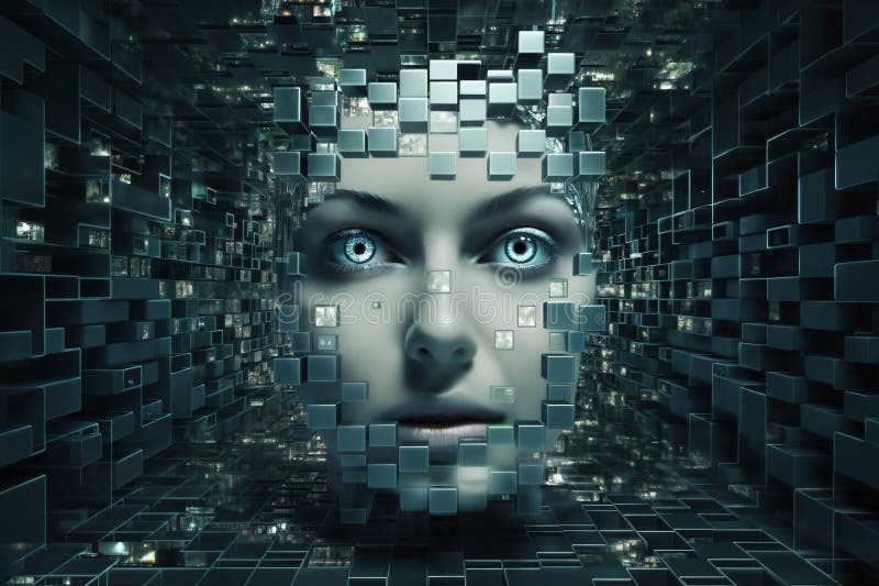 Womans Face with 3D Cubes and Particles in Space As Symbol of Augmented ...