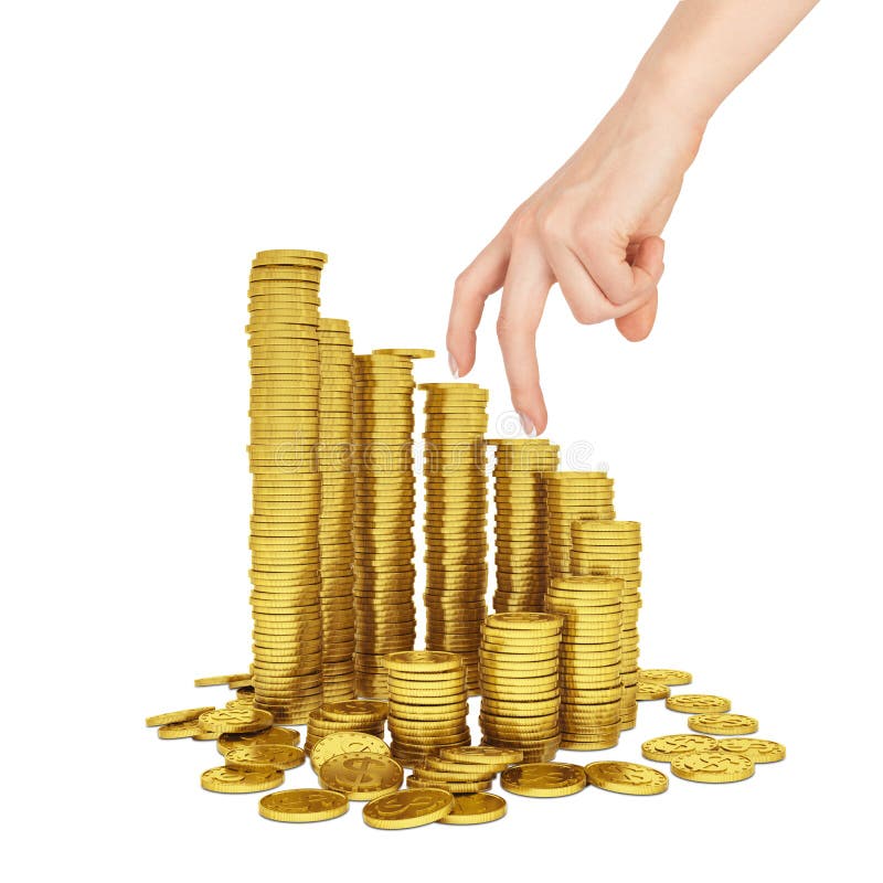 Womans Hand with Gold Coins on White Stock Photo - Image of pile ...