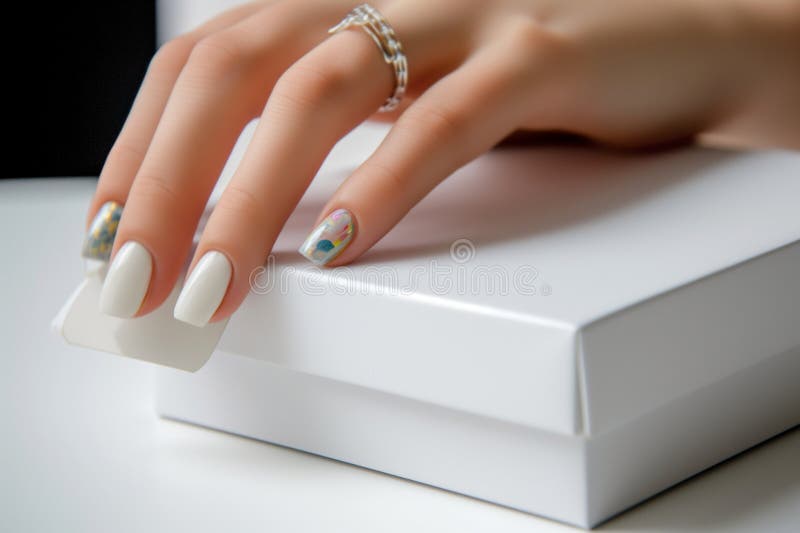 Womans Hand with Painted Nails Opening a White Gift Box Stock Image ...