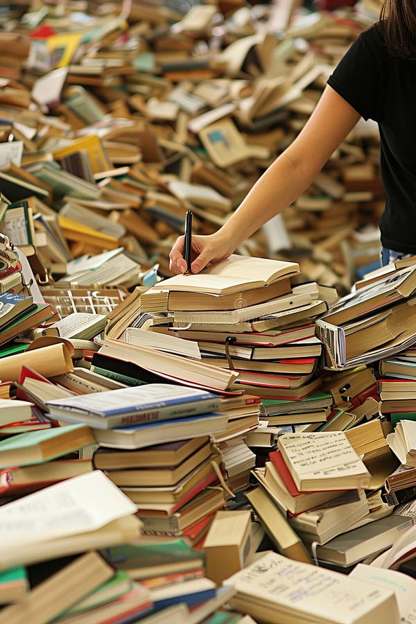 Womans Hand Searching through a Mountain of Old Books, Knowledge and ...