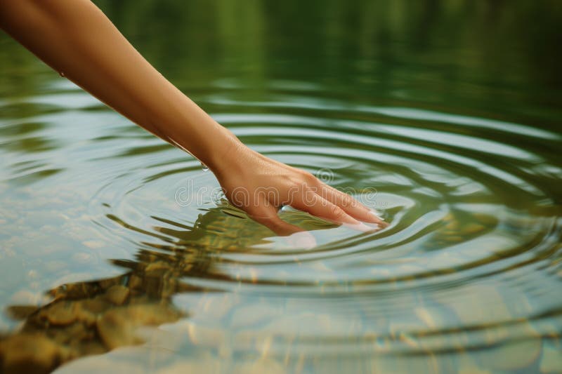 Womans Hand Touching the Surface of Calm Spring Water Stock Image ...