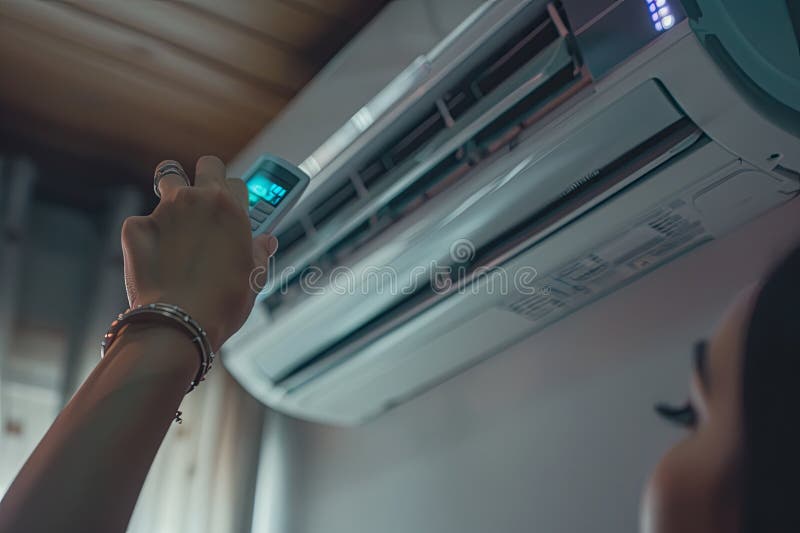 A Womans Hand Turning Off the Air Conditioner with a Remote in the ...