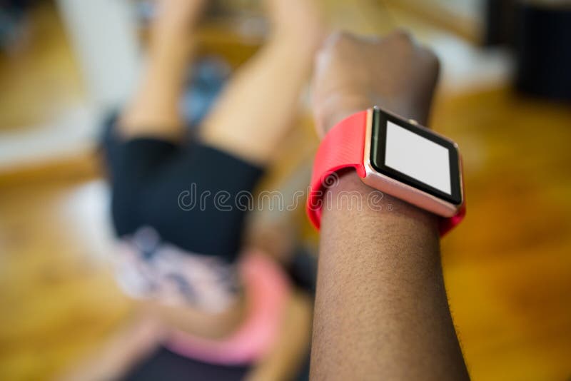 Womans Hand Using Smart Watch while Workout in Fitness Studio Stock ...