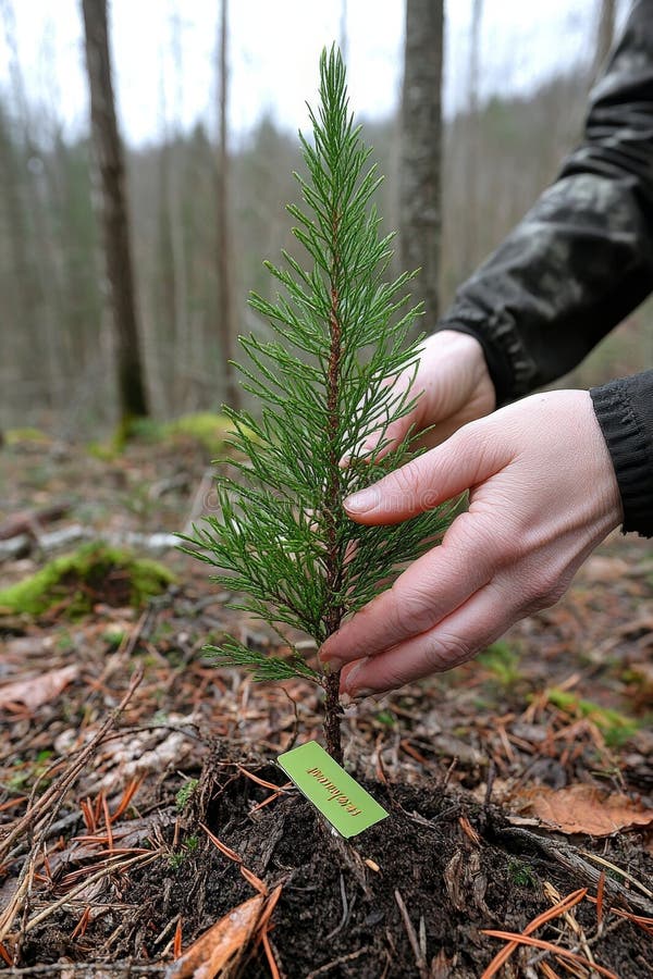 Womans Hands Gently Planting a Small Pine Sapling in Rich, Forest Soil ...