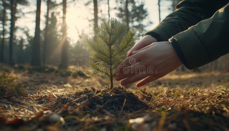 Womans Hands Gently Planting Young Pine Tree Sapling in Forest ...