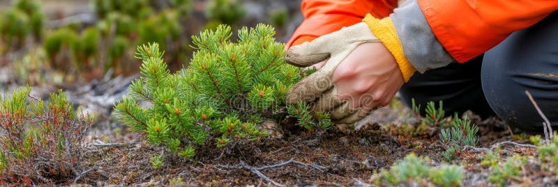 Womans Hands Gently Planting Young Pine Tree Sapling for Reforestation ...