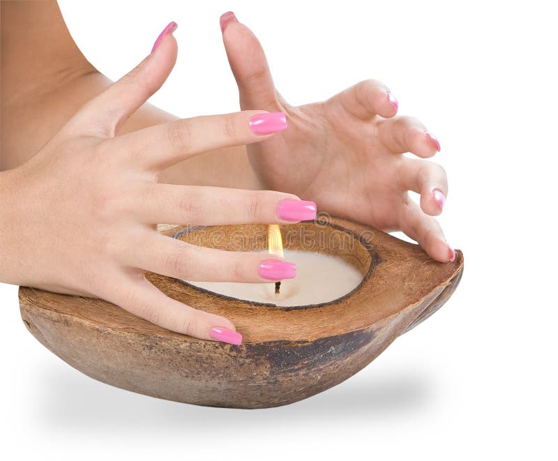 Womans Hands Guarding Fire in a Big Candle Stock Image - Image of ...