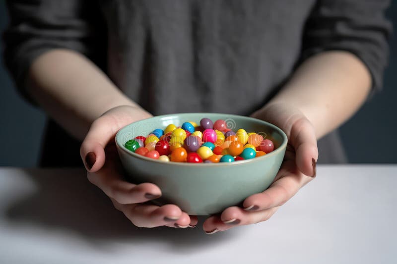 Womans Hands Hold Bowl of Candy on White Background. Generative AI ...