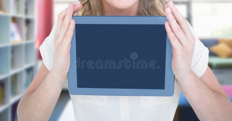 Womans Hands Holding Tablet in Library Stock Photo - Image of bookshelf ...