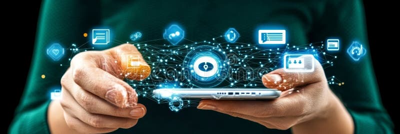 Womans Hands Interacting with Smartphone, Network and Icon Hologram ...