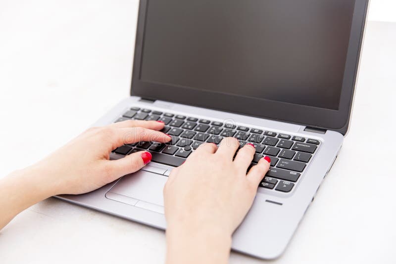 Womans Hands on Notebook Working in Clean and Bright Office, at Home ...