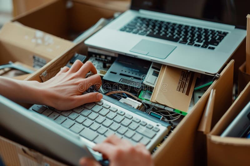 Womans Hands Packing Old Electronics for Recycling. E-waste Reuse and ...