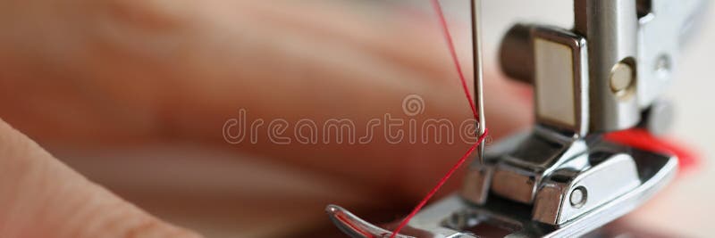 Hands Pulling Red Thread in Sewing Machine Needle Stock Image - Image ...