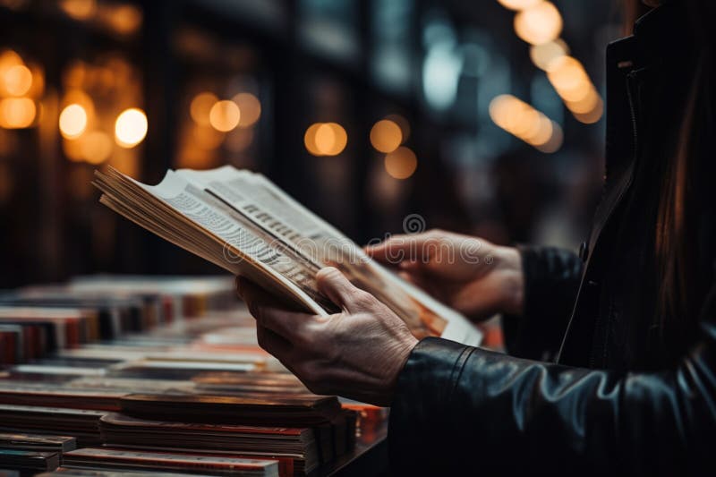 Womans Hands Reading a Magazine in a Library Stock Illustration ...