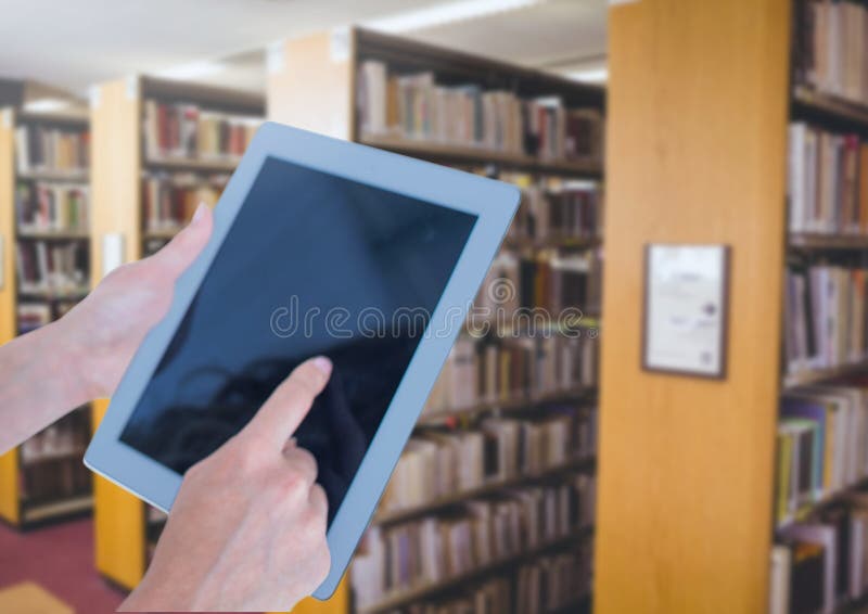 Womans Hands Touching Tablet in Library Stock Photo - Image of hand ...