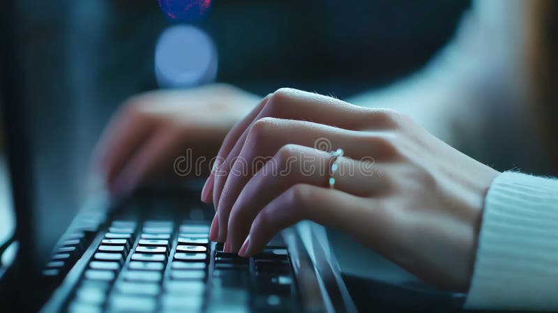 Womans Hands Typing on Keyboard in Dim Light Setting with Bokeh Effect ...