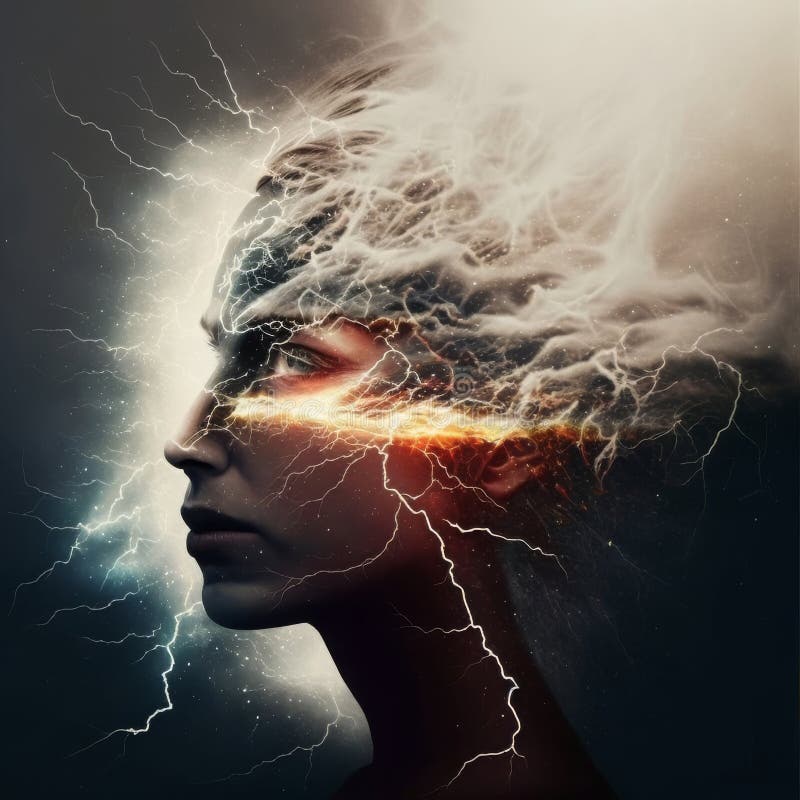 Womans Profile Surrounded by Whirlwind and Lightning Stock Photo ...