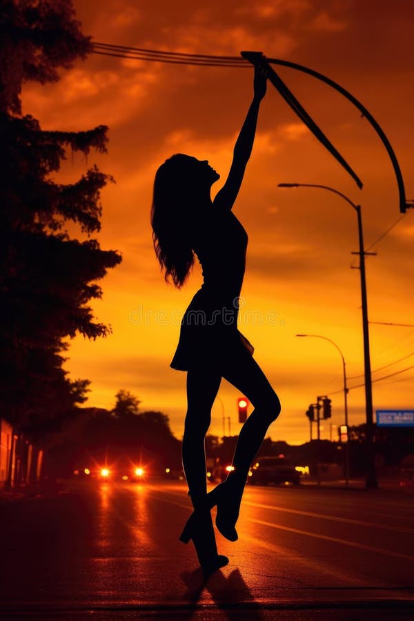 Womans Silhouette Dancing in Front of Street Lights Stock Illustration ...