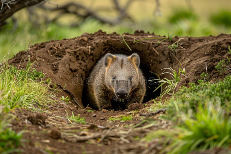 Wombat Exiting a Large Burrow in an Australian Bush Stock Photo - Image ...