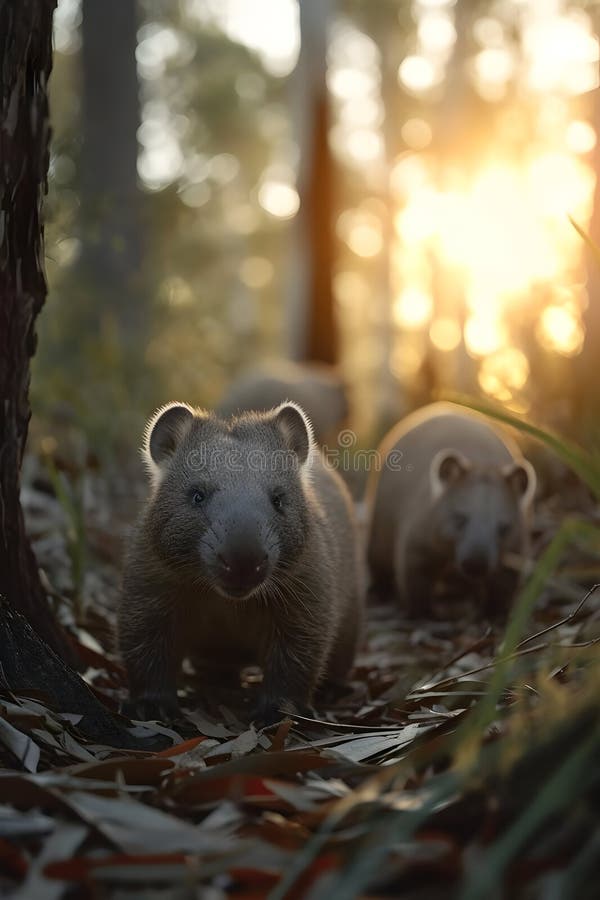 Wombat Family in the Forest with Setting Sun Shining. Stock ...