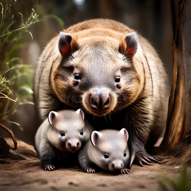 Wombat Mum with Her Cute Babies - Ai Generated Image Stock Illustration ...
