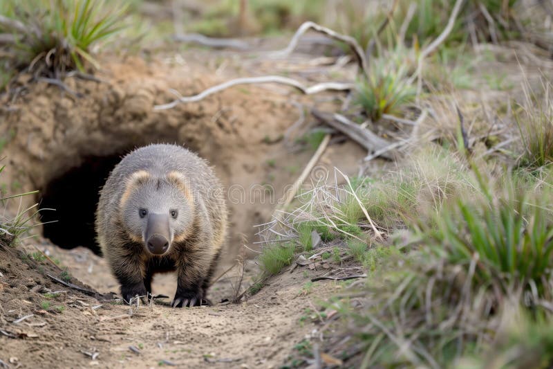 Wombat Near a Burrow in an Australian Bush Stock Photo - Image of ...