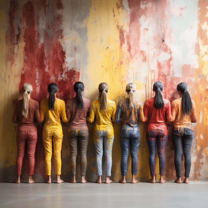 Women Against the Wall with Colored Paintings Stock Illustration ...