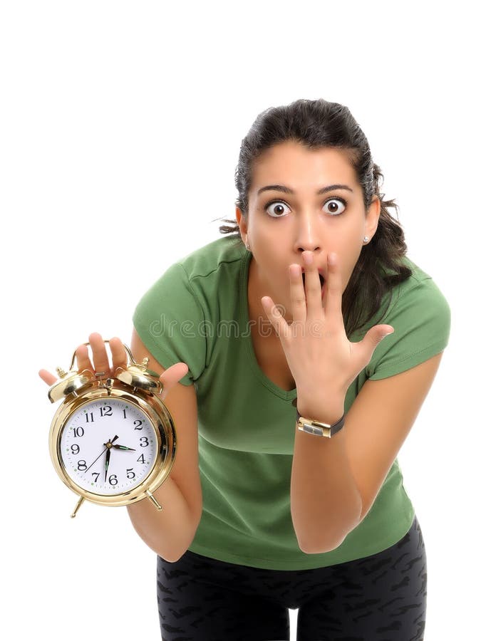 Worried Woman Inside Car Showing Alarm Clock Running Late To Work Stock ...