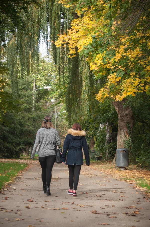 Women Back Walking in Parc with Maple Trees Stock Photo - Image of ...