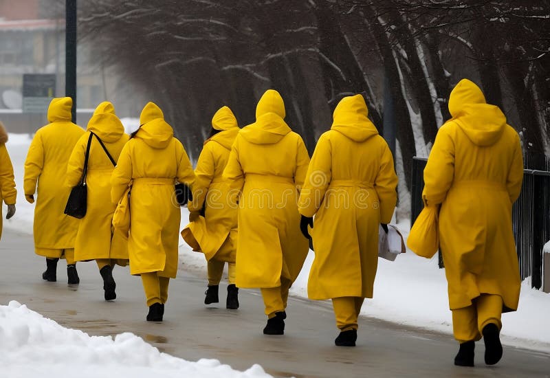 Women in Bright Yellow Coats in Winter Stock Illustration ...