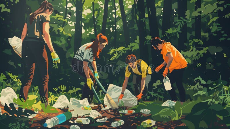 Women Clean the Forest of Plastic Waste Stock Illustration ...