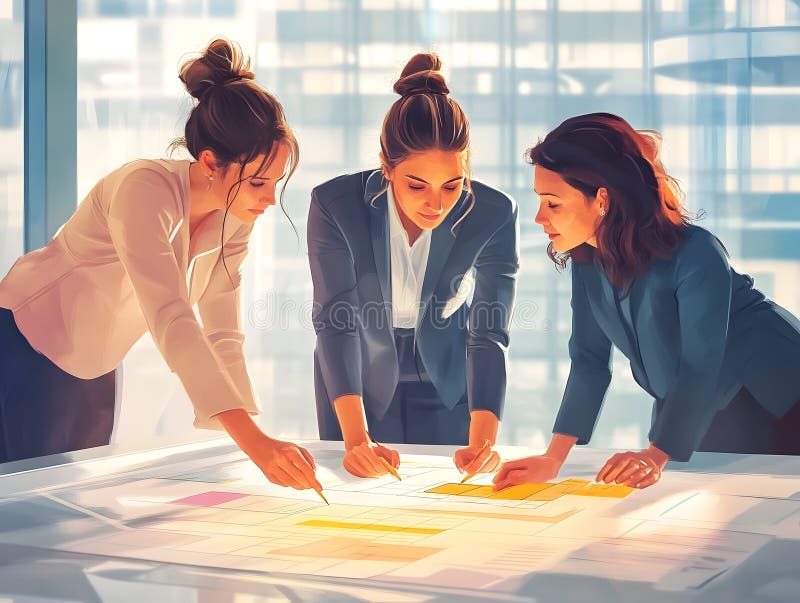 Women Collaborating on Architectural Plans in Bright Office Setting ...
