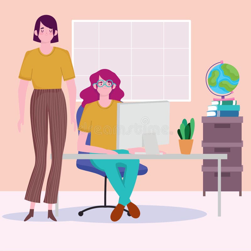 Women with Computer at Desk Work Space, People Working Stock Vector ...
