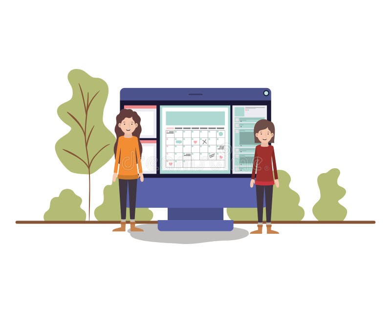 Women with Computer Desktop in Landscape Stock Vector - Illustration of ...
