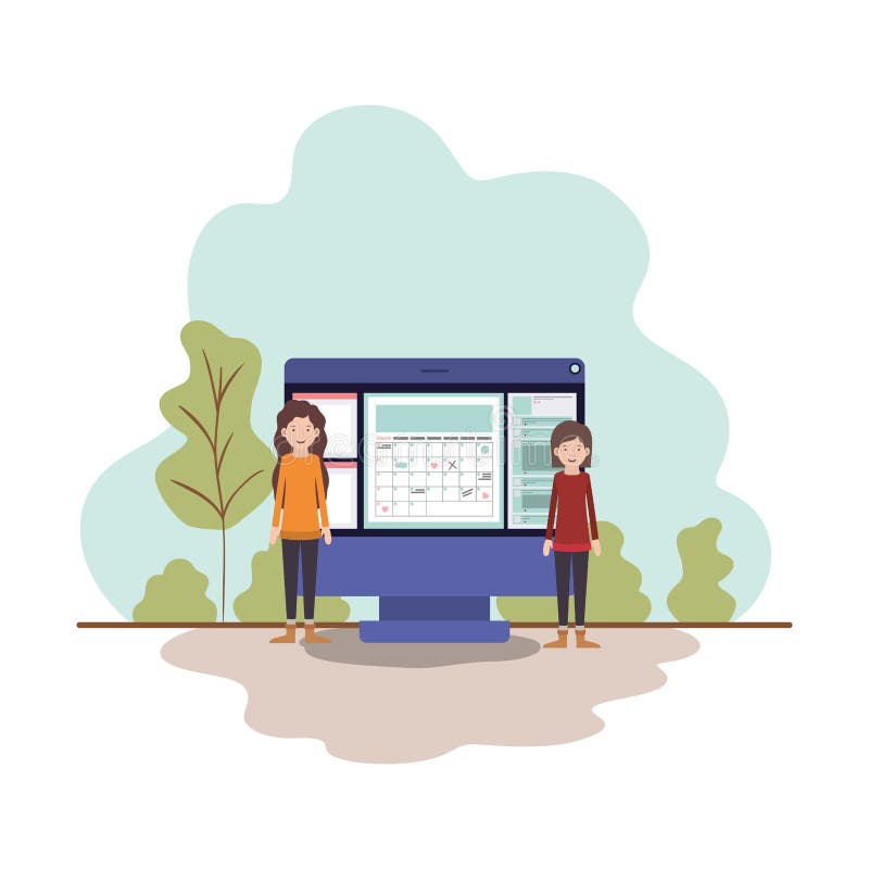 Women with Computer Desktop in Landscape Stock Vector - Illustration of ...