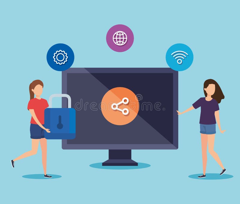 Women with Computer Technology and Social Media Stock Illustration ...