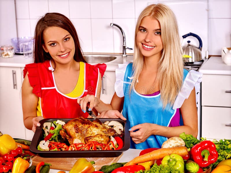 Women Cooking Chicken at Kitchen Stock Photo - Image of housework ...