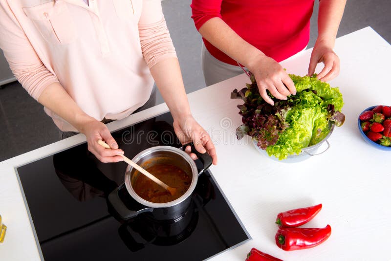 Women Cooking Together in the Kitchen- from Above Stock Image - Image ...