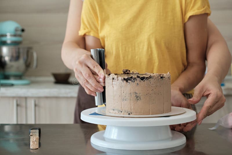 Women Couple Making Chocolate Cake in Kitchen, Close-up. Cake Making ...