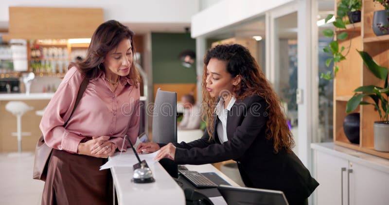 Women, Customer and Hotel Receptionist with Explaining for Paperwork ...