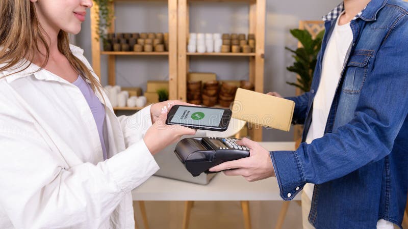 Woman Customer Using QR Code Payment Via Smartphone for Paying at Shop ...