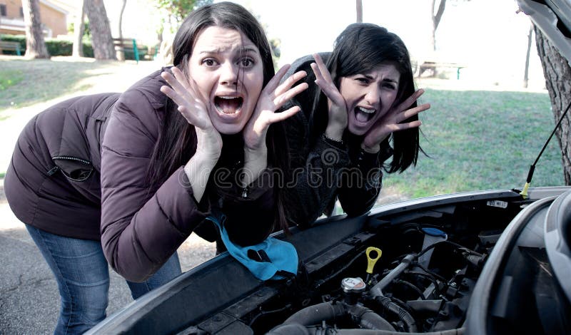 Women Desperate about Broken Car Screaming for Help Stock Image - Image ...